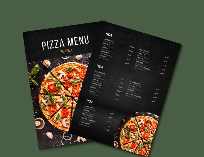 Black Pizza Menu Brochure Flyer for Pizzaria, Editable Template Canva ...