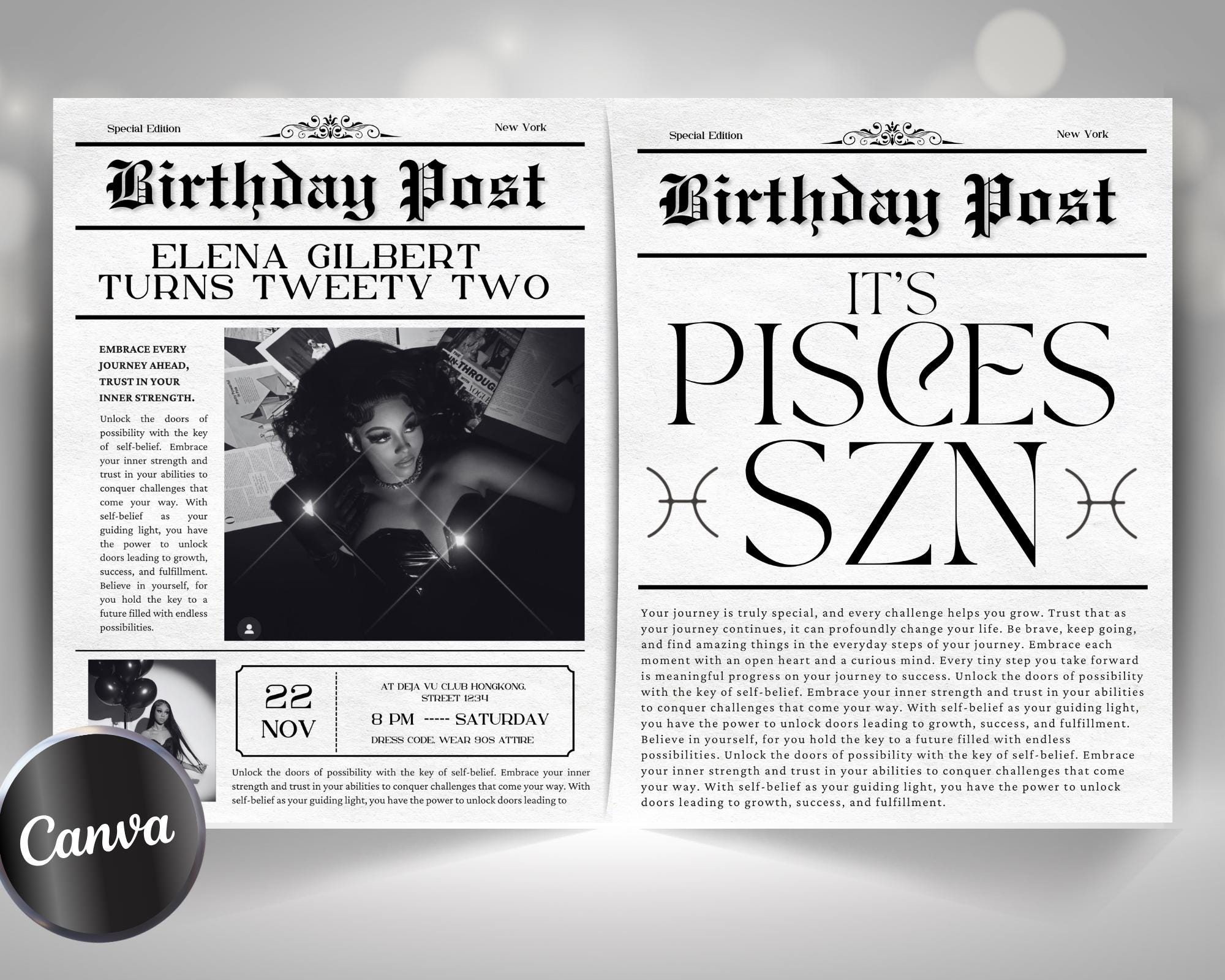 Pisces Birthday Newspaper Canva Template,zodiac Birthday Newspaper ...