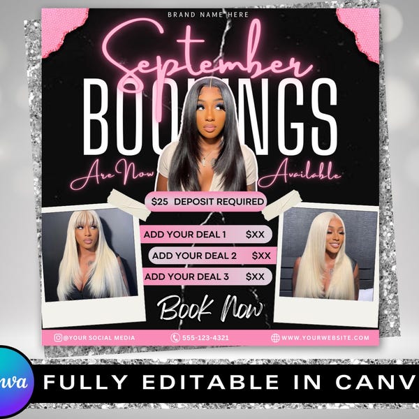 August Booking Flyer, DIY Flyer Template Design, August Appointment Flyer, Hair Lash Instagram ...