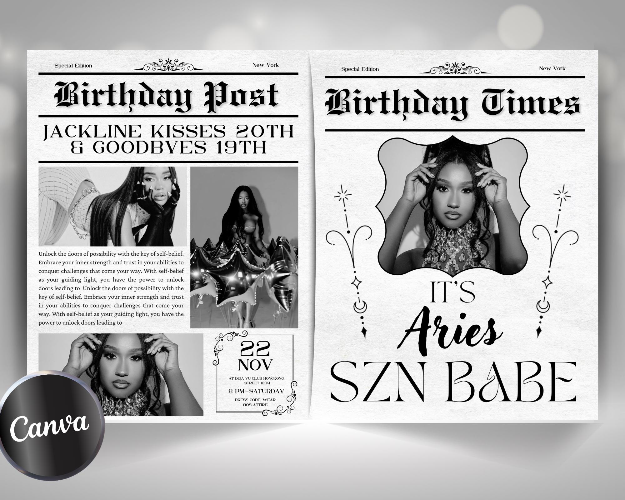 Aries Birthday Newspaper Canva Template,zodiac Birthday Newspaper ...
