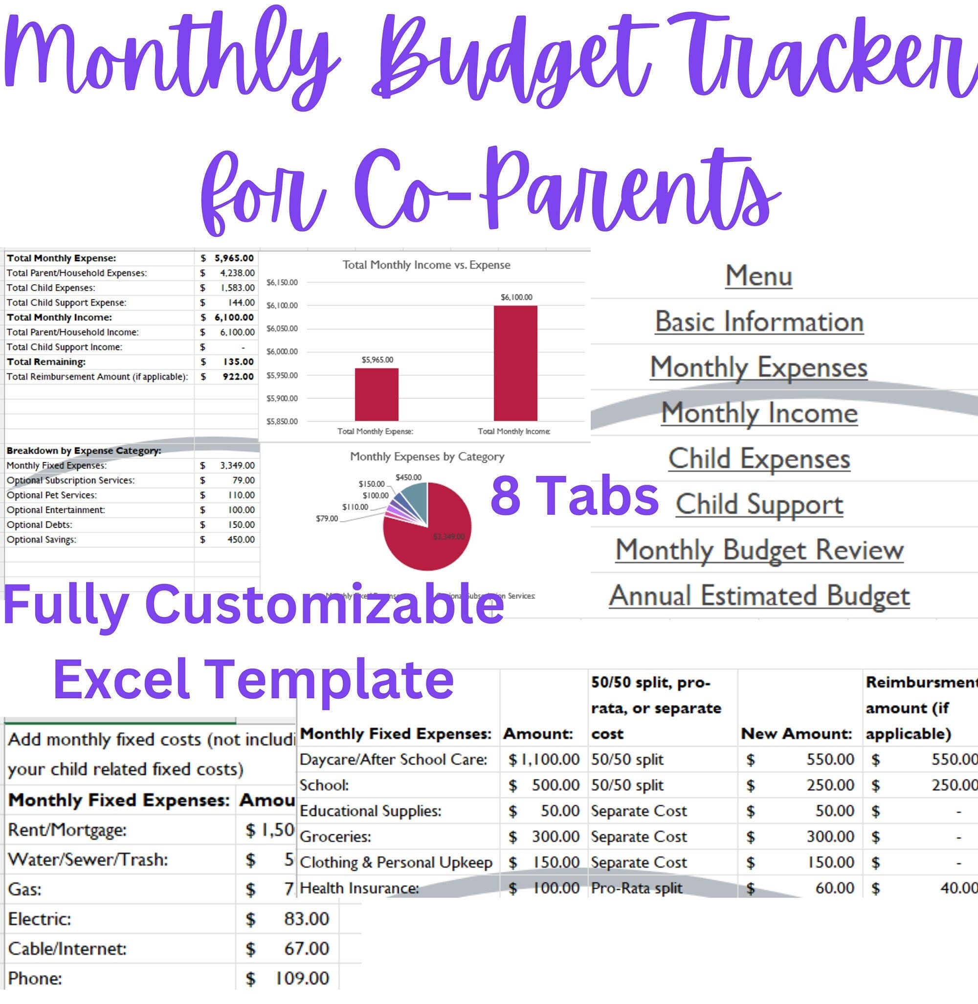 Monthly Co-parenting Budget Tracker - Excel Spreadsheet Fully Editable ...