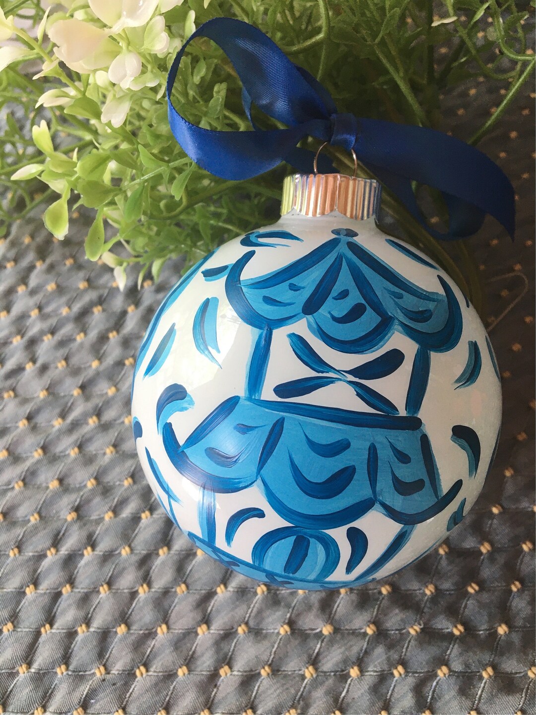 Blue Chinoiserie Style Painted Glass Ball Christmas Ornament, Grand ...
