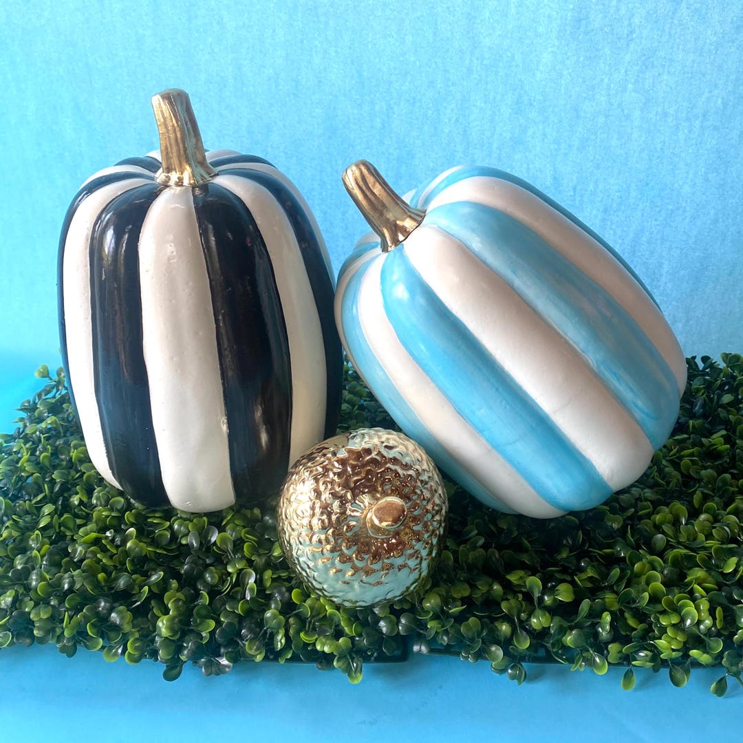 Styrofoam Pumpkins With Black Stripes Gold Stem, Hand Painted Stripes ...