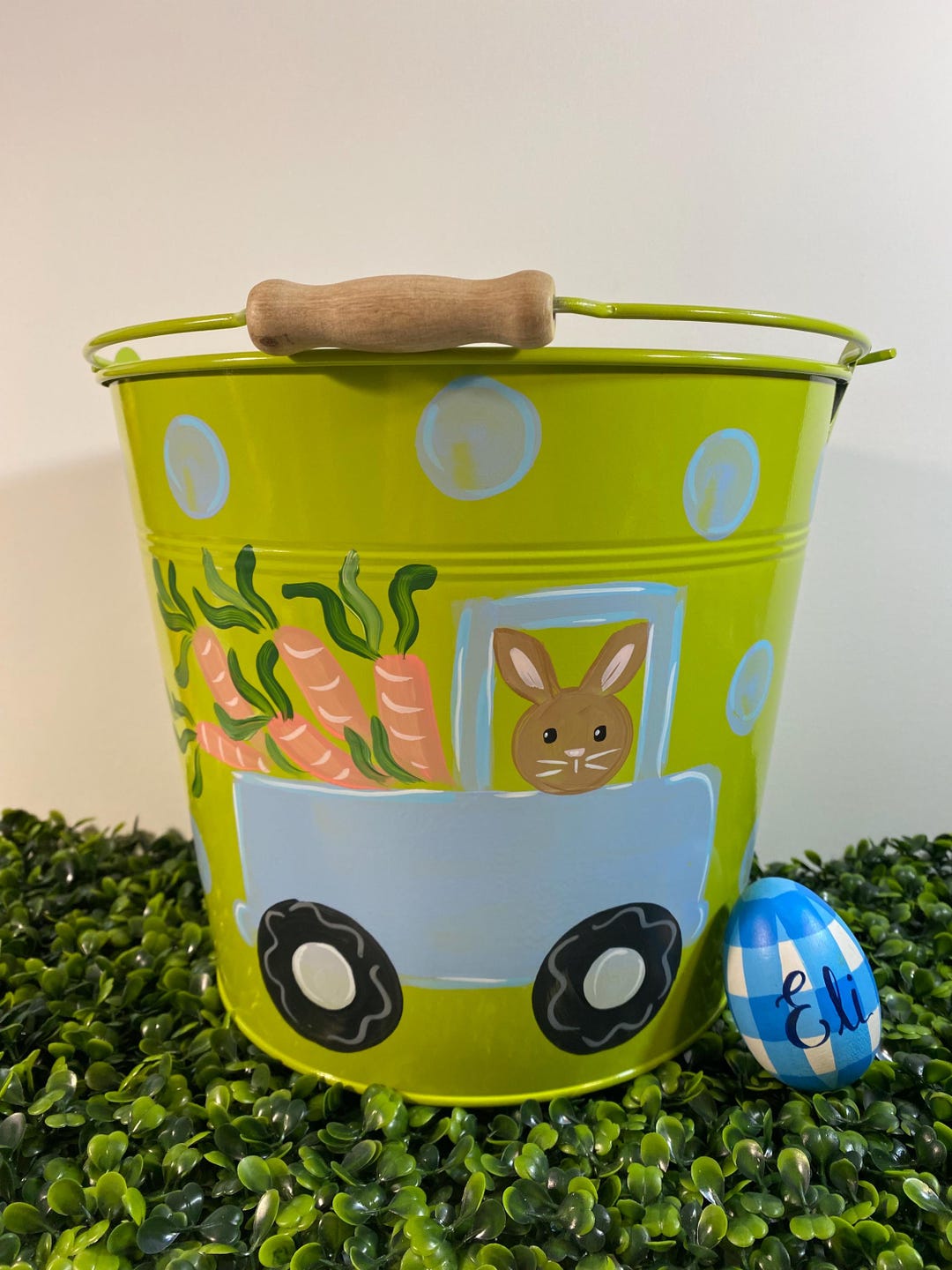 Personalized Metal Easter Bucket With Bunny Carrots Truck Dots, Custom ...