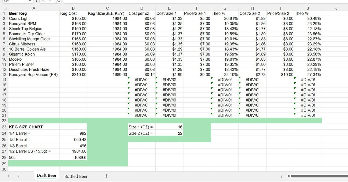 Draft Beer Cost Calculator, Bottled Beer Cost Calculator, Restaurant COGS, LBW, Excel ...