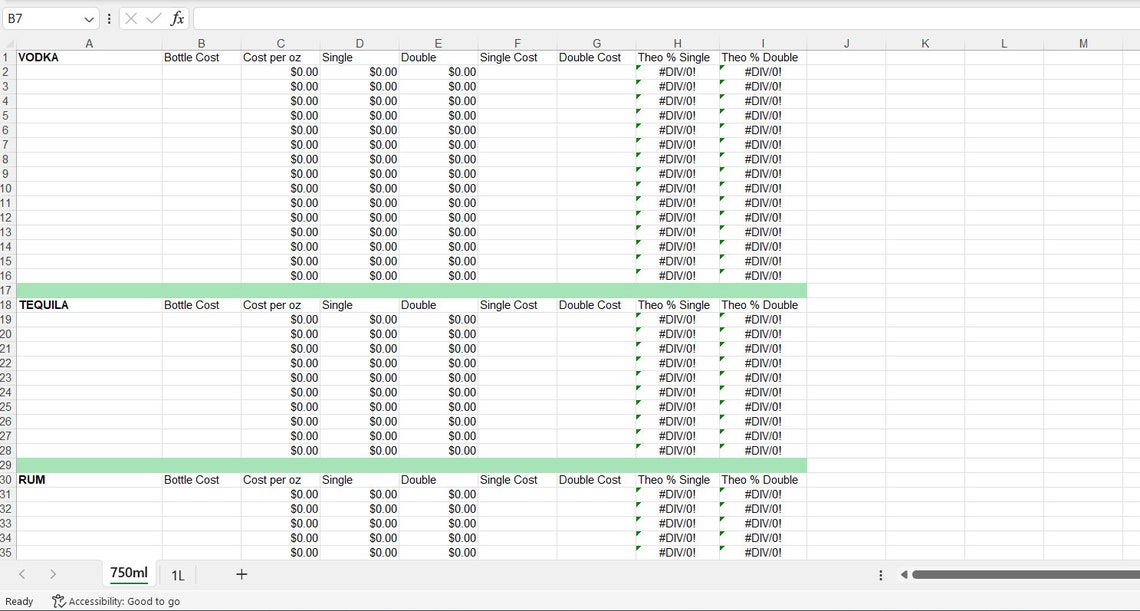 Liquor Cost Calculator, Single and Double Sizes, Adjustable, Restaurant COGS, LBW, Excel ...
