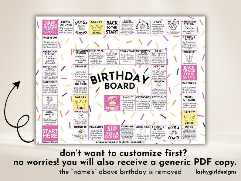 Birthday Game Board Template, Drinking Games for Adults, Pink Birthday ...