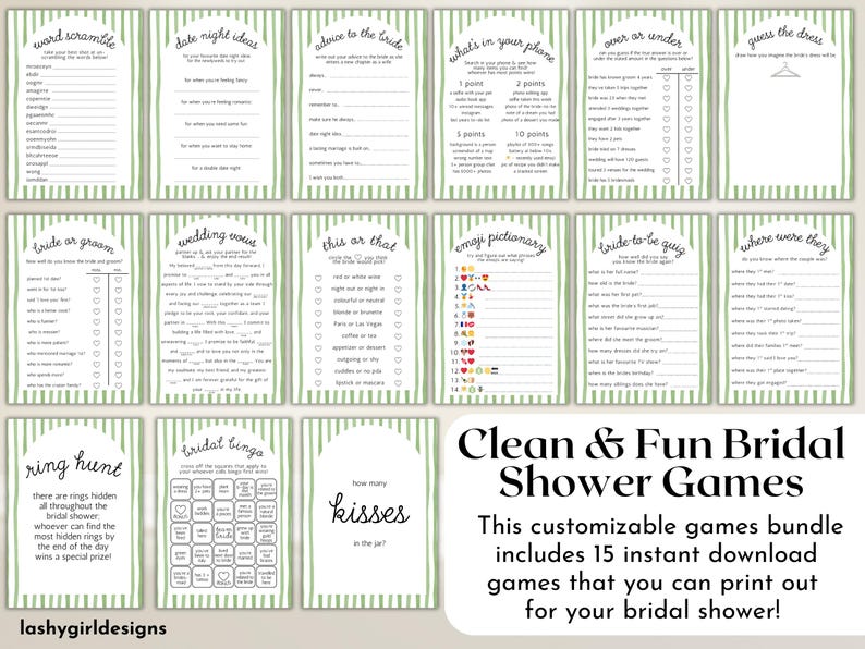 Bridal Shower Games Green Stripe Family Friendly Engagement Party Games ...