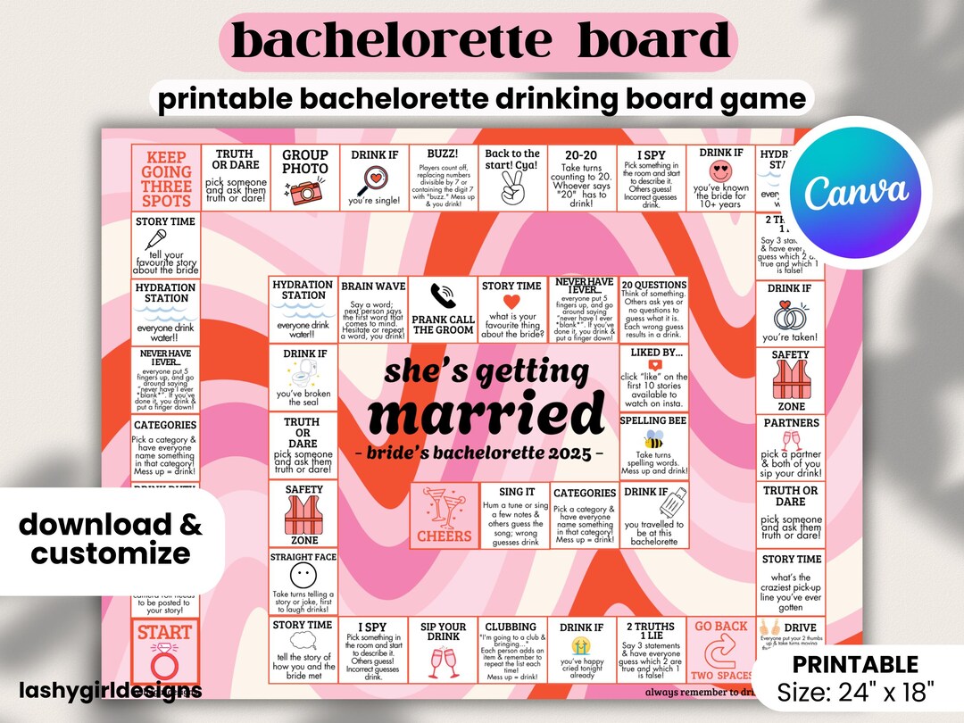 Pink Bachelorette Drinking Board Game Printable Bachelorette Party ...