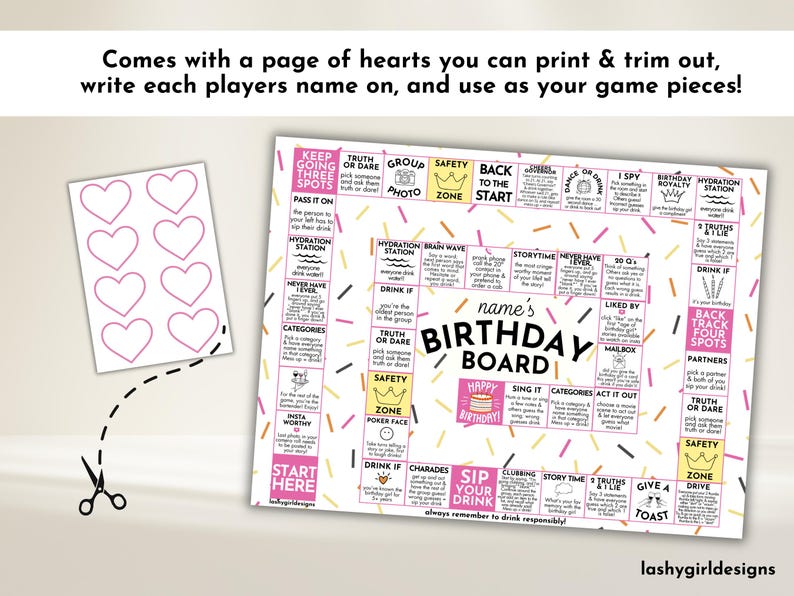 Birthday Game Board Template, Drinking Games for Adults, Pink Birthday ...