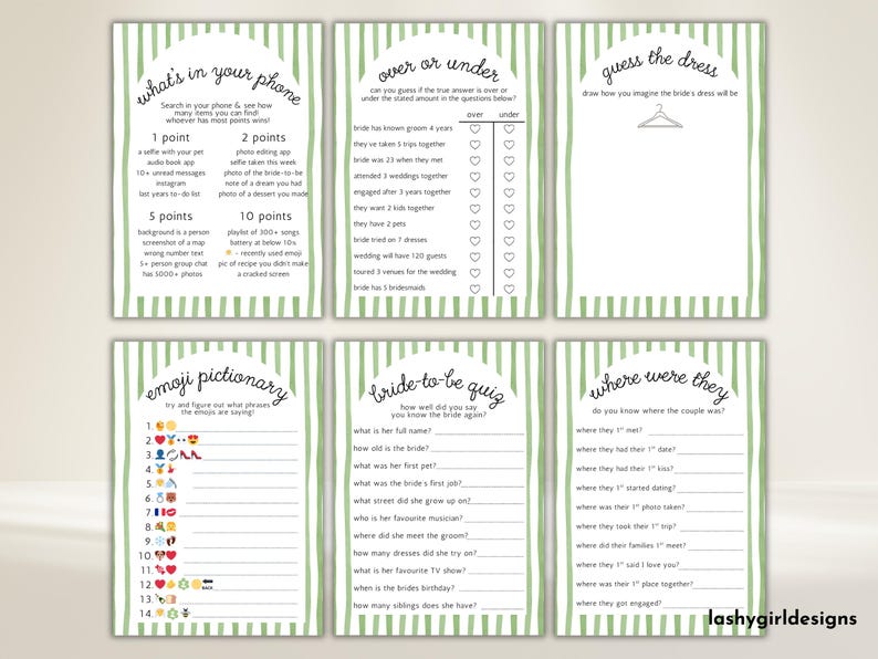 Bridal Shower Games Green Stripe Family Friendly Engagement Party Games ...