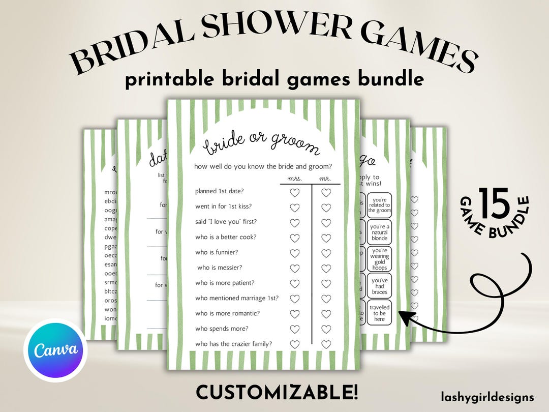 Bridal Shower Games Green Stripe Family Friendly Engagement Party Games ...