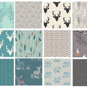 Teal and Gray Woodland Quilt Bundle | Hello Bear | Blithe | Deer Heads ...