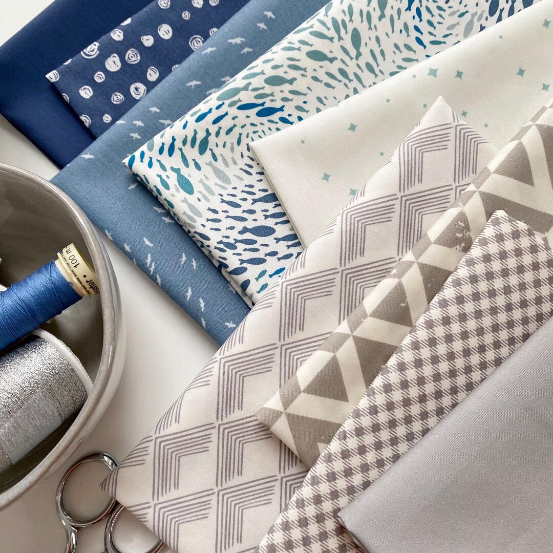 Skipping Stones Curated Bundle | Blue Gray Fabrics With Birds and Fish ...