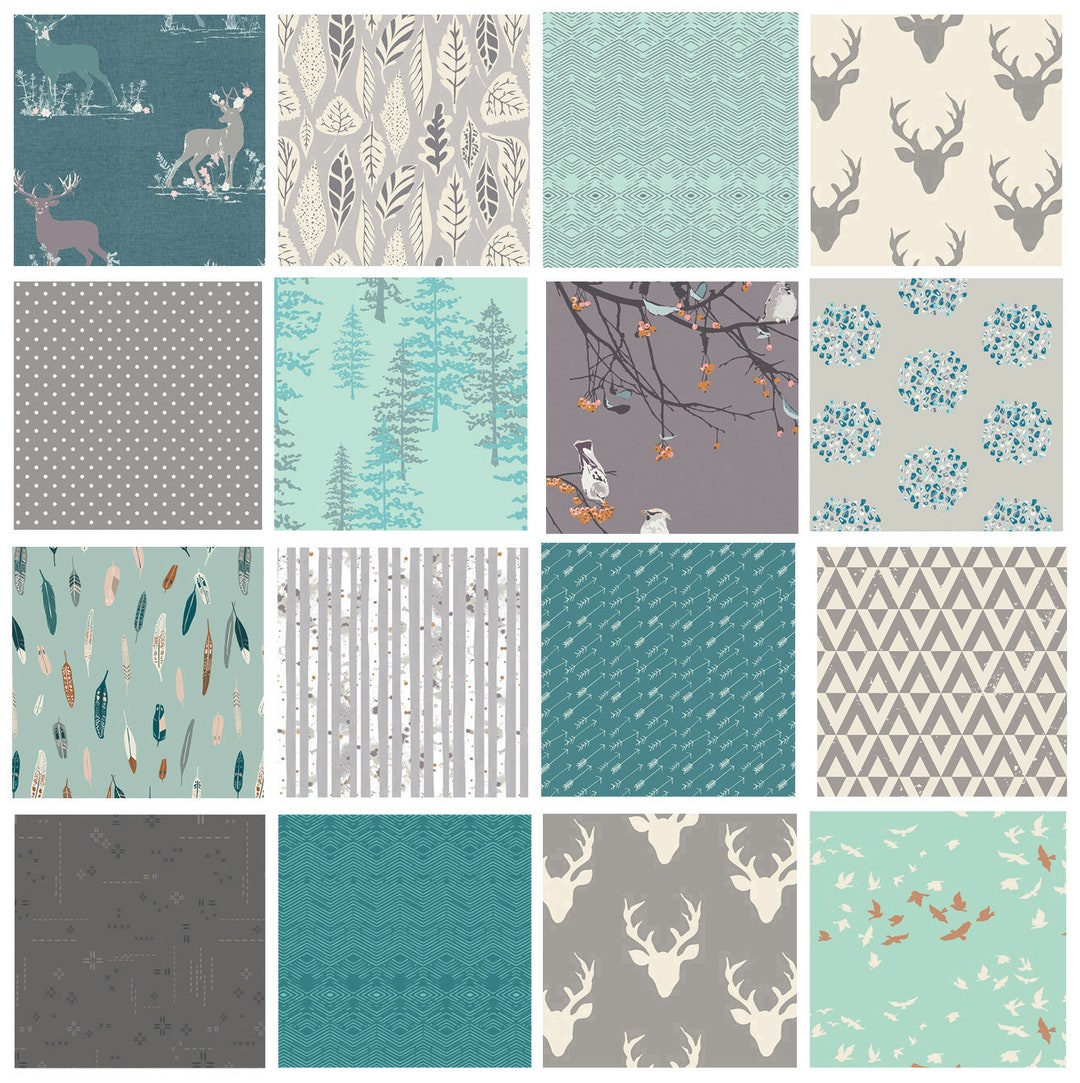 Woodland Quilt Bundle Gray Teal Hello Bear Bundle Deer Fabrics for Boy ...