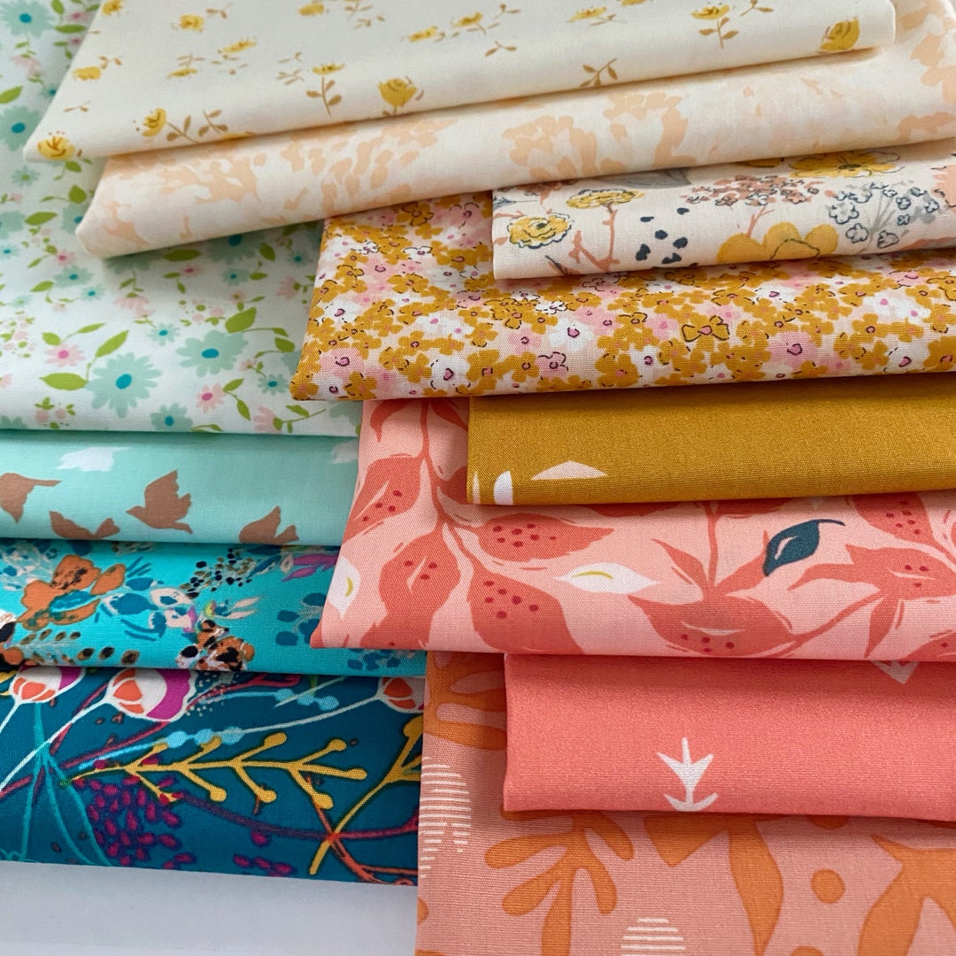 Positive Energy Curated Bundle | Blue Coral Gold Floral Quilt Fabric ...