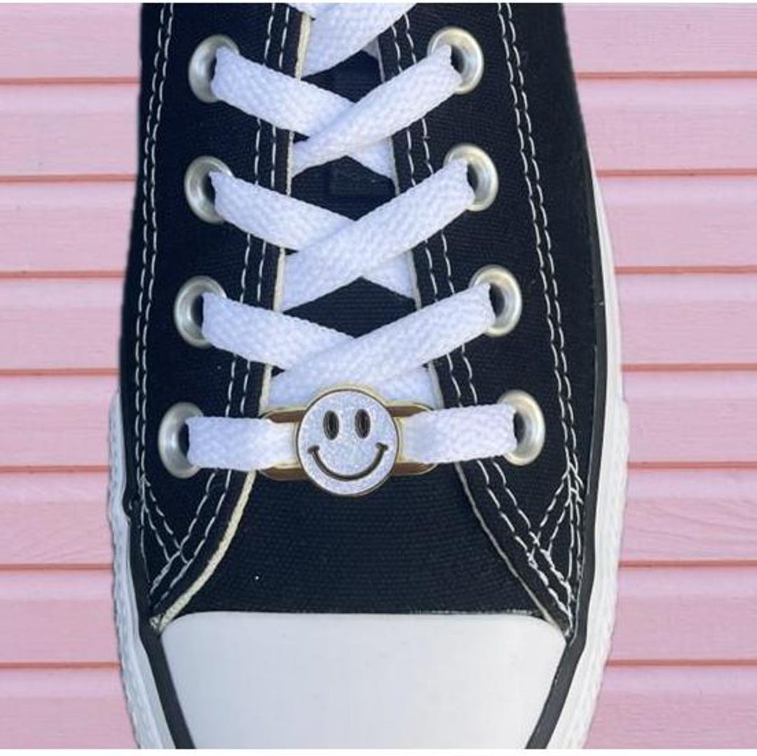 White Glitter Happy Face Shoelace Charms, White Glitter Smiley Face ...