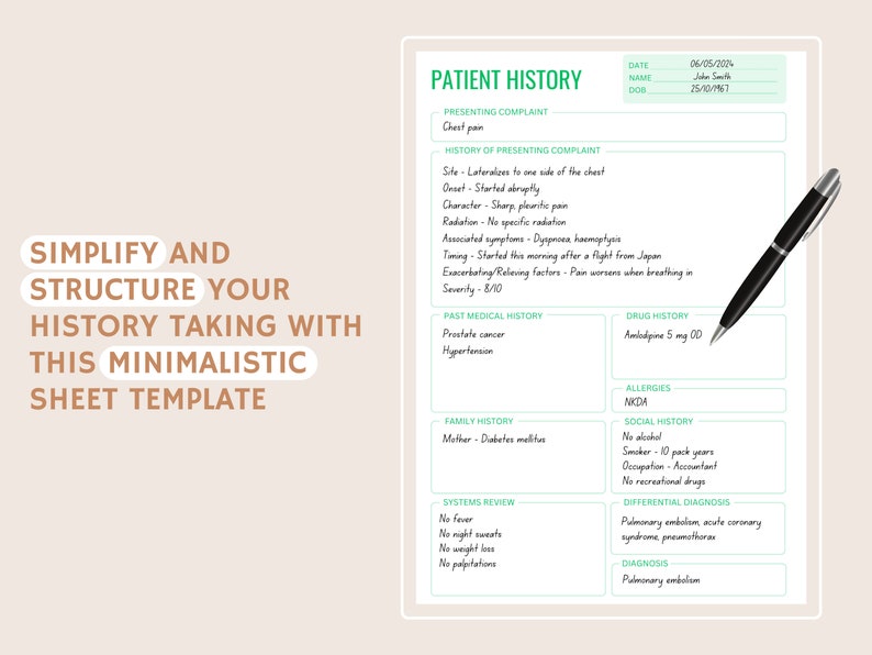 Patient History Taking Sheet Template for Medical Students ...