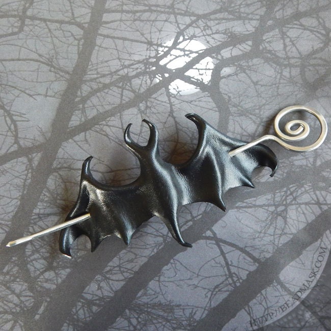 Black bat leather hair slide or shawl pin with spiral wire | Etsy