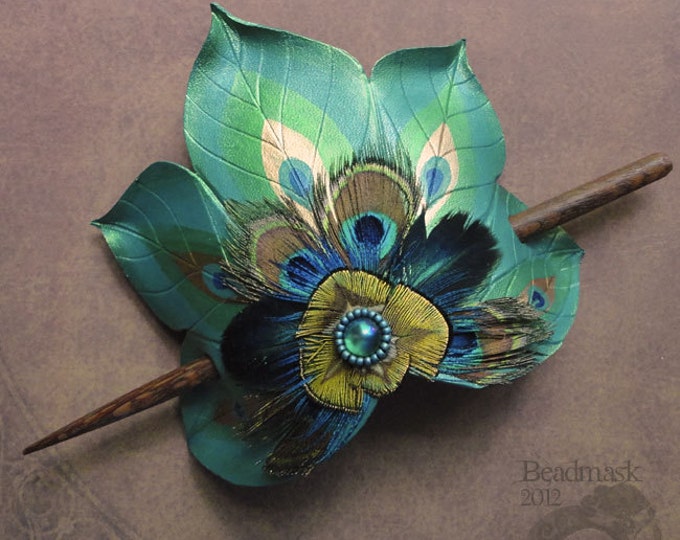 Peacock Feather Fan Large Leather Hair Slide With Featherwork and ...