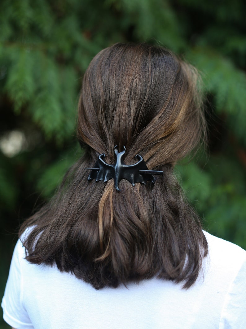 Black bat leather hair slide or shawl pin with spiral wire | Etsy