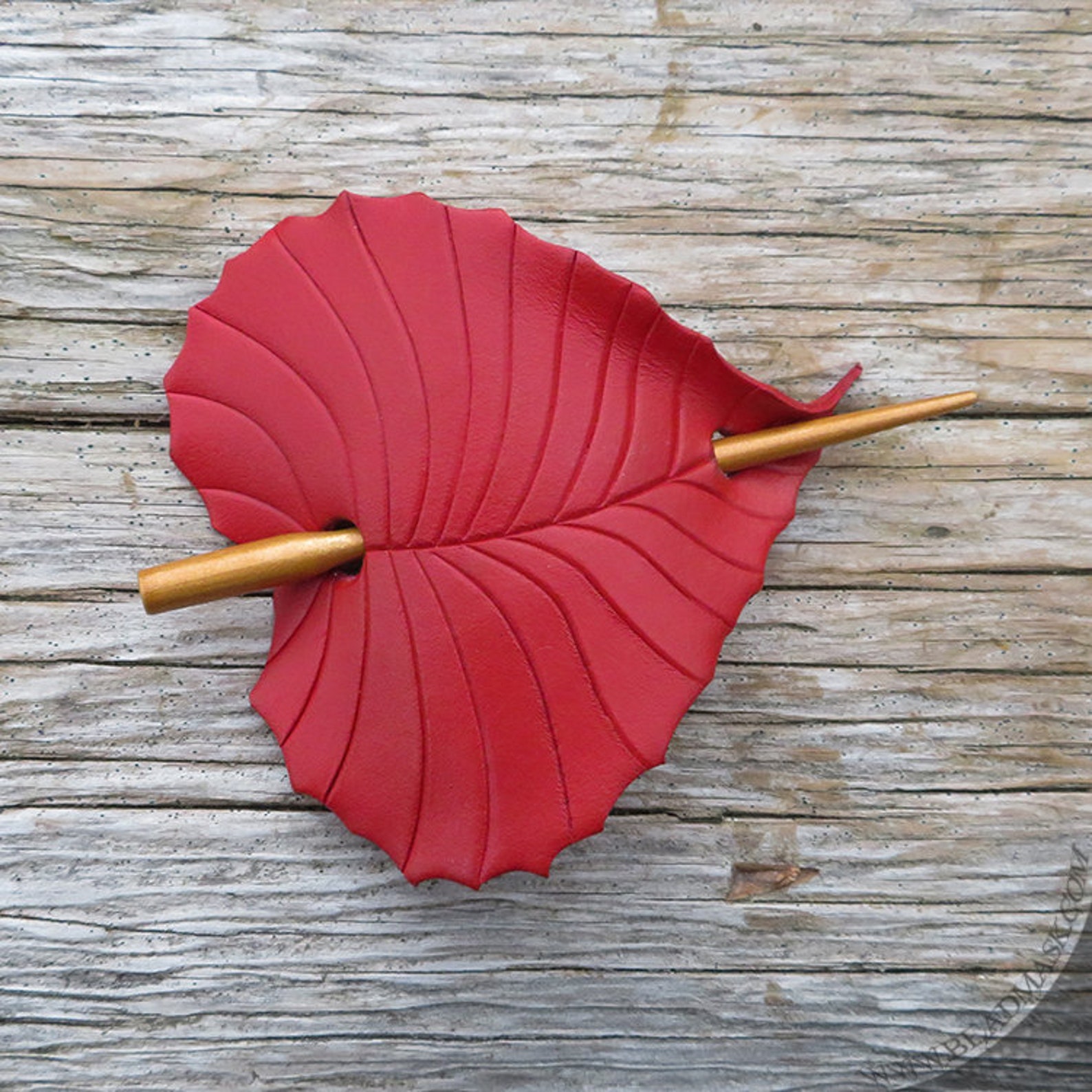 Leather Shawl Clasp or Ponytail Holder With Red Birch Leaf and | Etsy