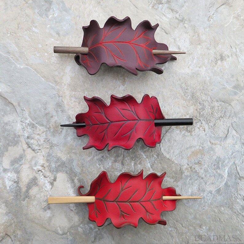 Red oak leaf leather hair slide in burgundy scarlet or autumn | Etsy