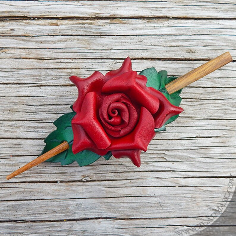 Red Rose Leather Hair Stick Barrette. Messy Bun Holder W/ | Etsy