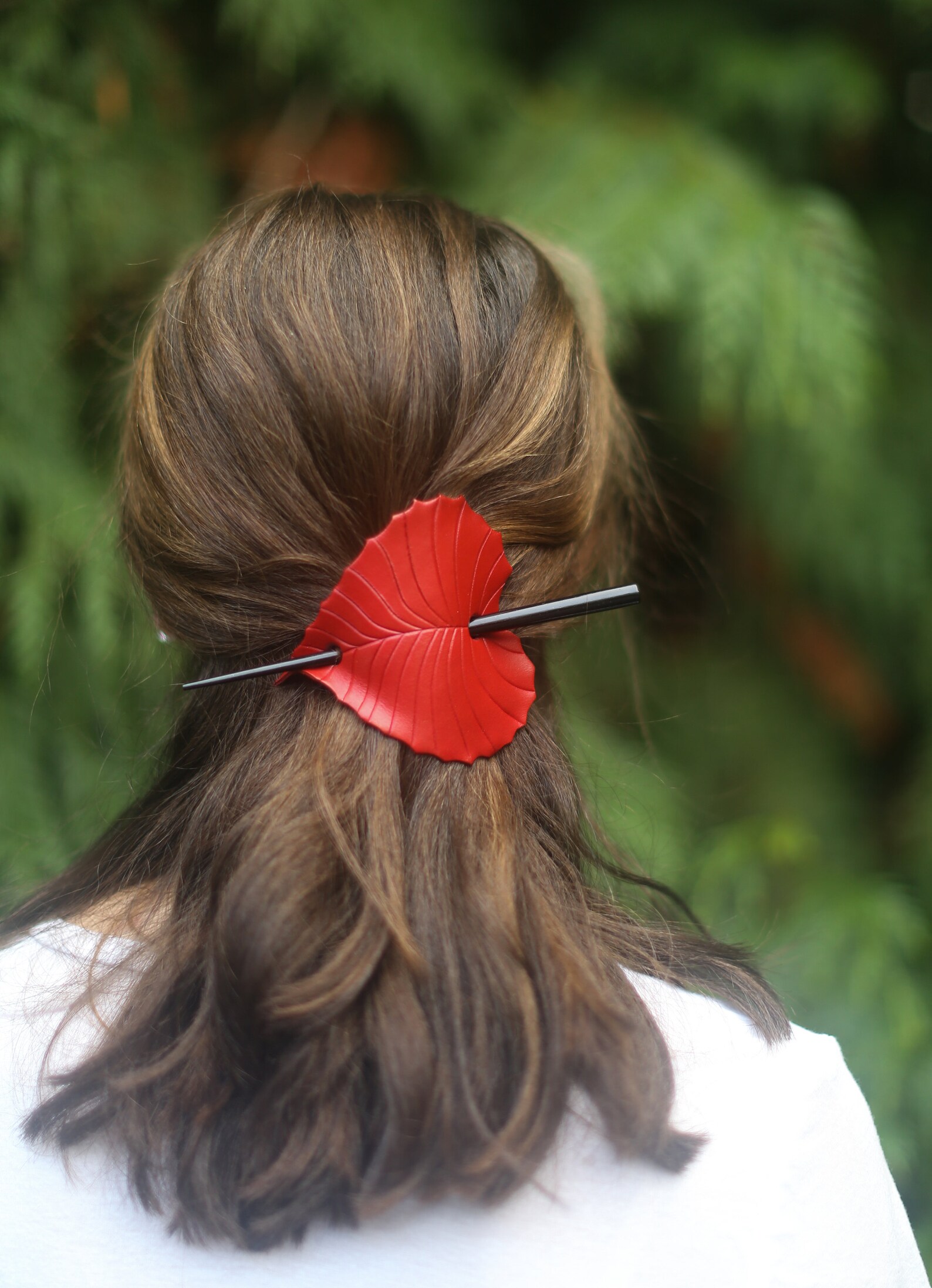 Leather Shawl Clasp or Ponytail Holder With Red Birch Leaf and | Etsy