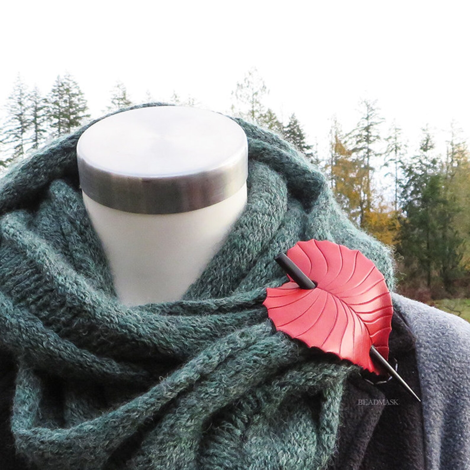 Leather Shawl Clasp or Ponytail Holder With Red Birch Leaf and - Etsy