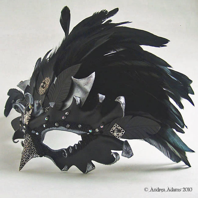 Raven queen jeweled leather mask with glass beadwork & feather | Etsy