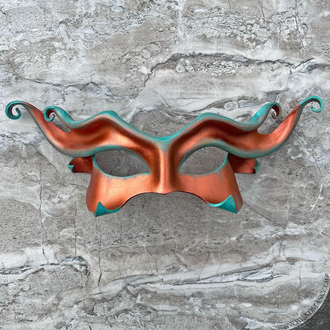 Horned Leather Masquerade Mask in Metallic Copper With Faux Verdigris ...