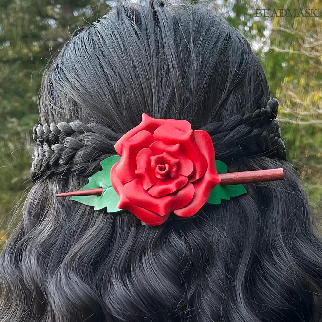 Handcrafted Red Leather Rose: Hair Stick Barrette With Wood Hairstick ...