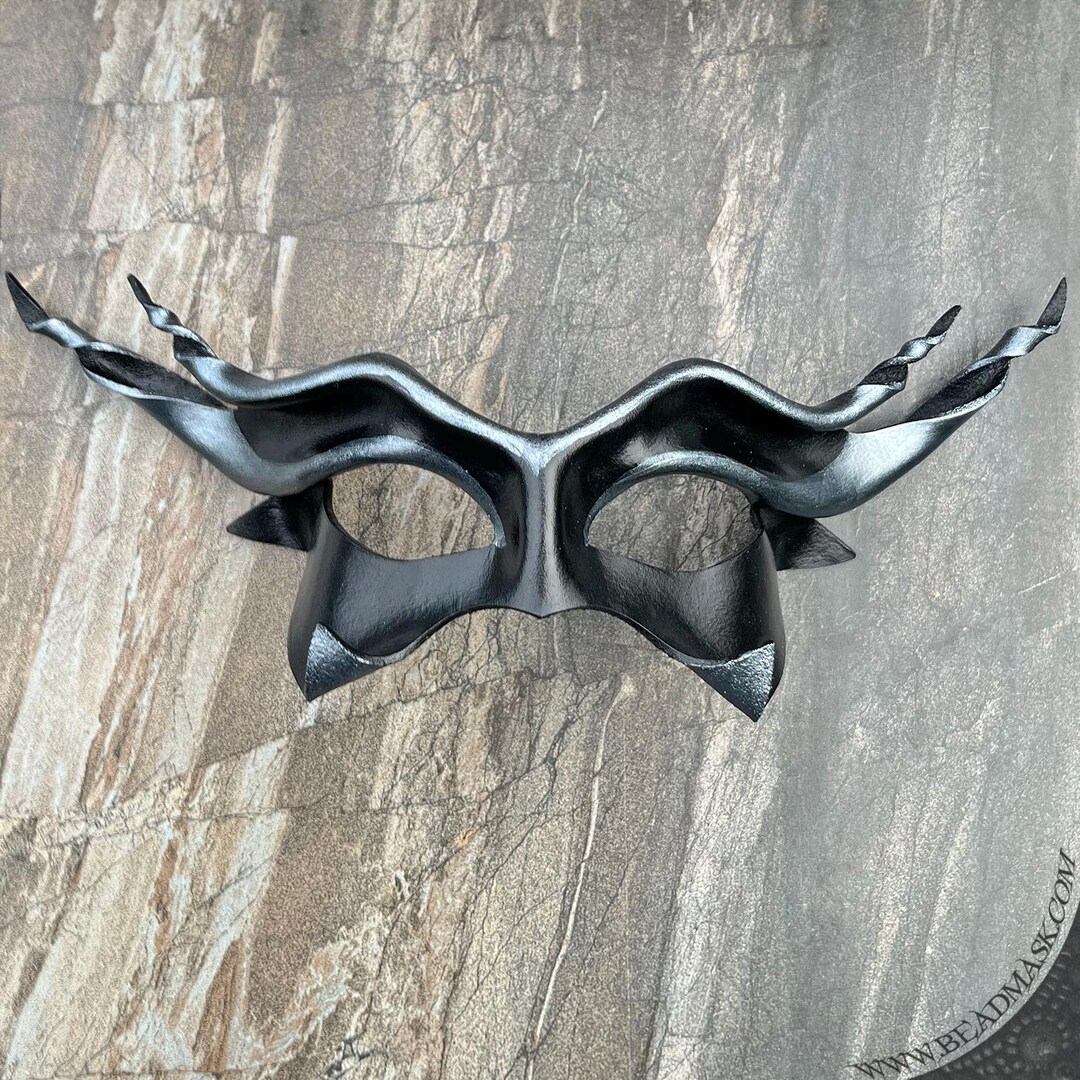 Faun or Satyr Masquerade Mask, Black and Silver Horned Leather Mask for ...