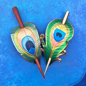 Tooled Leather Peacock Feather Hair Pin With Handcrafted Padauk Wood ...