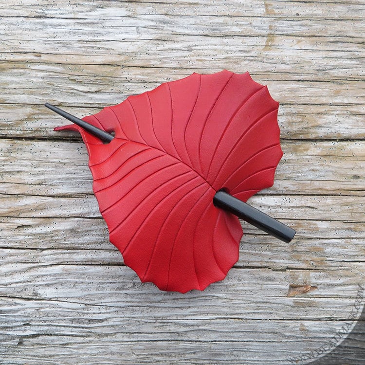 Leather Shawl Clasp or Ponytail Holder With Red Birch Leaf and | Etsy