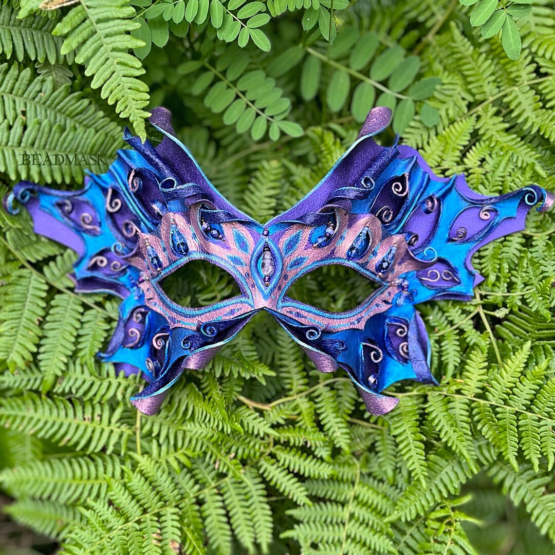 Butterfly Fairy Leather Mask With Glass Beadwork in Deep Purple, Indigo ...