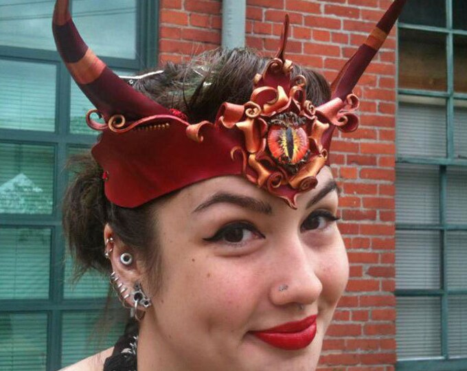 Leather Cyclops Crown With Devil Horns in Firey Shades of Red, Gold and ...