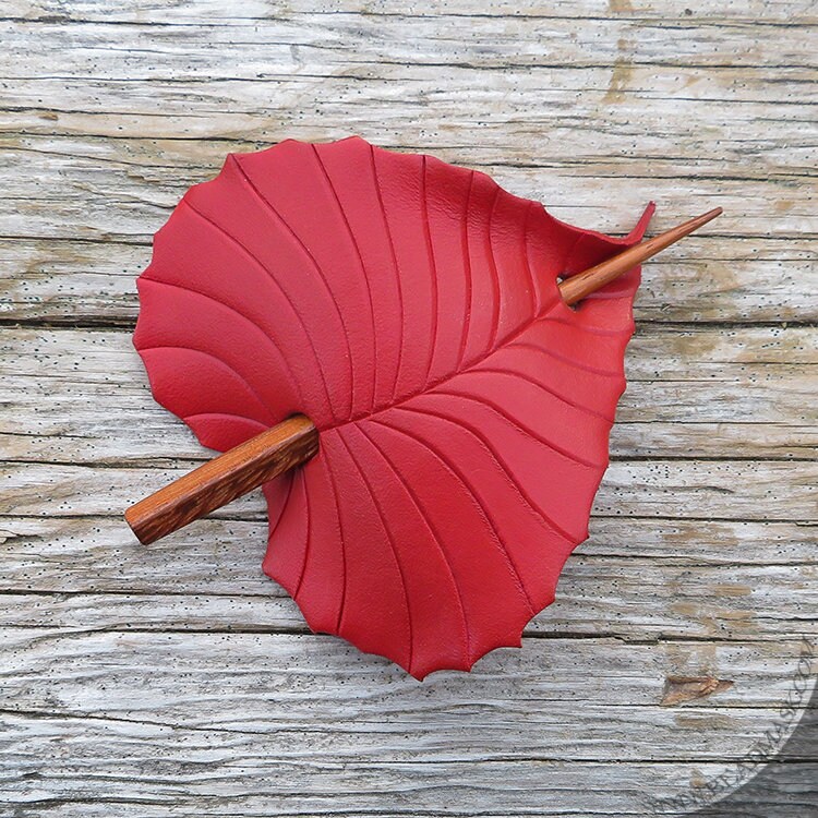Leather Shawl Clasp or Ponytail Holder With Red Birch Leaf and | Etsy