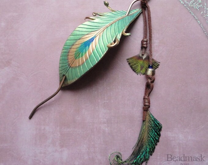 Leather Peacock Hair Slide With Copper Stick and Real Feathers - CUSTOM ...