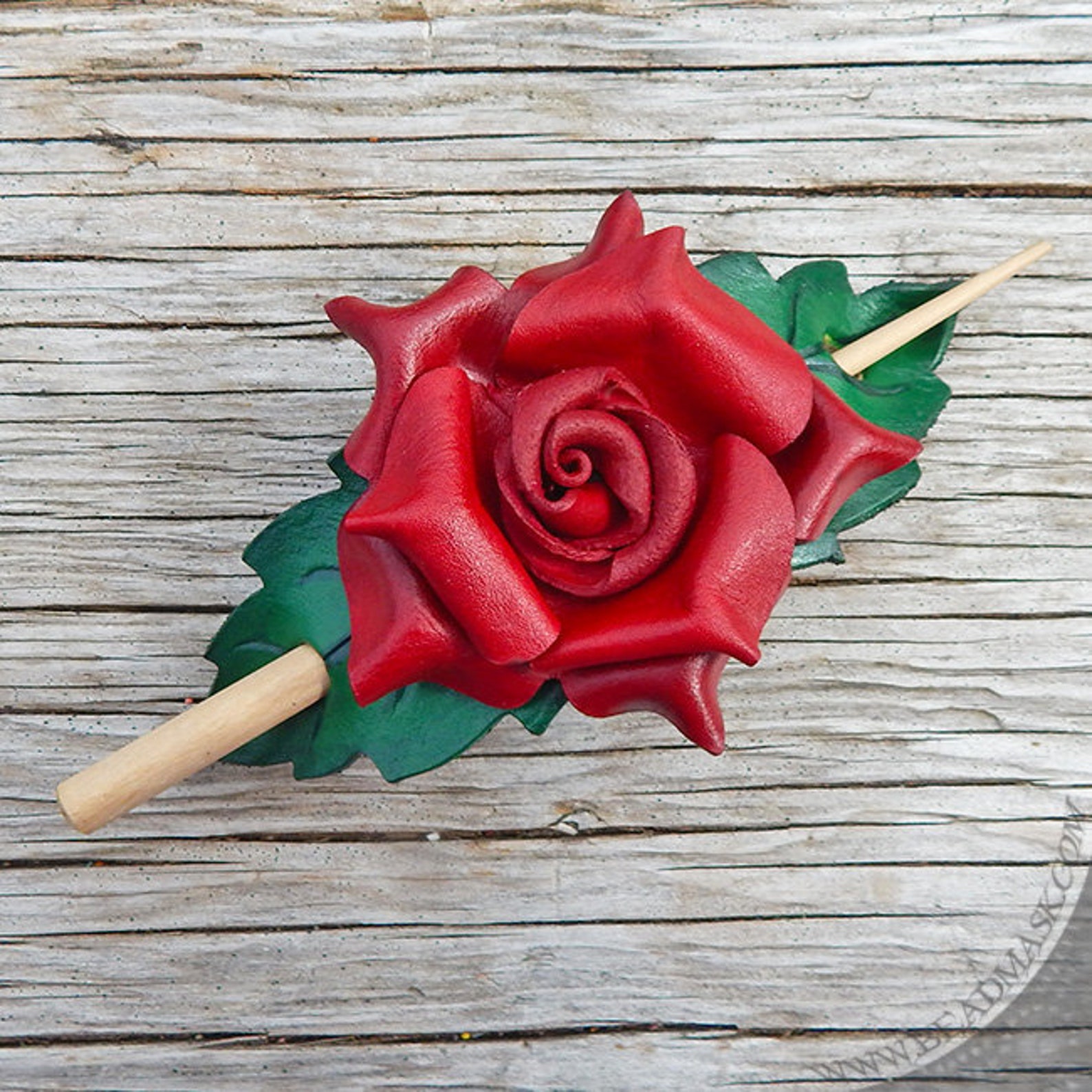 Red Rose Leather Hair Stick Barrette. Messy Bun Holder W/ | Etsy