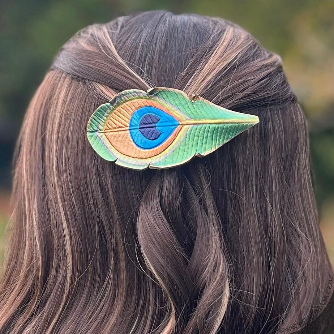 Hand Painted Peacock Feather Leather Hair Accessory. Jewel Toned ...