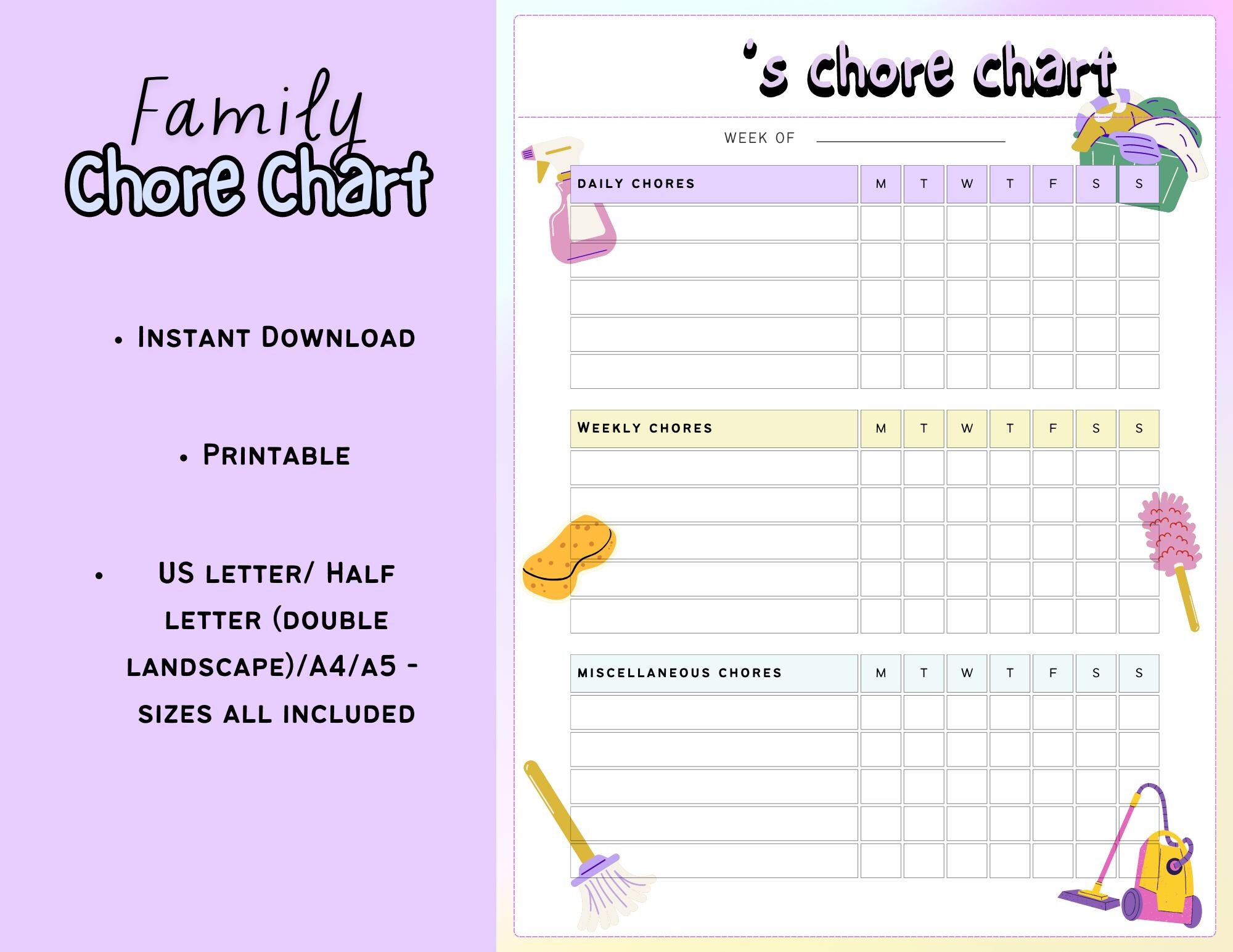 Family Chore Chart Printable | Kids and Adults | Reusable Household ...