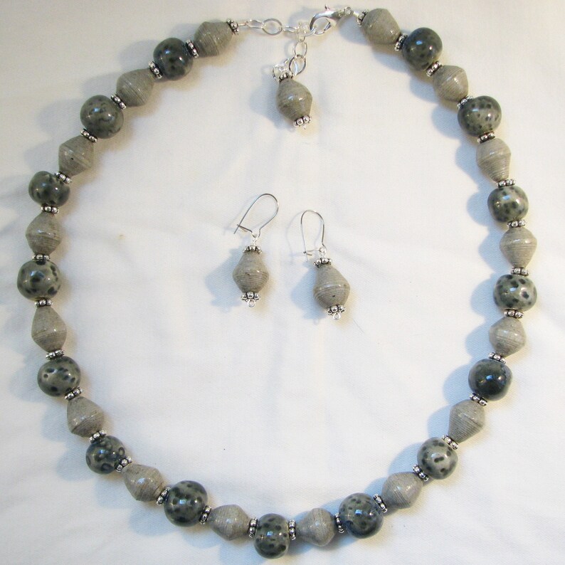 Malawi Ceramic and Ugandan Paper Grey Necklace and Earring Set Light ...