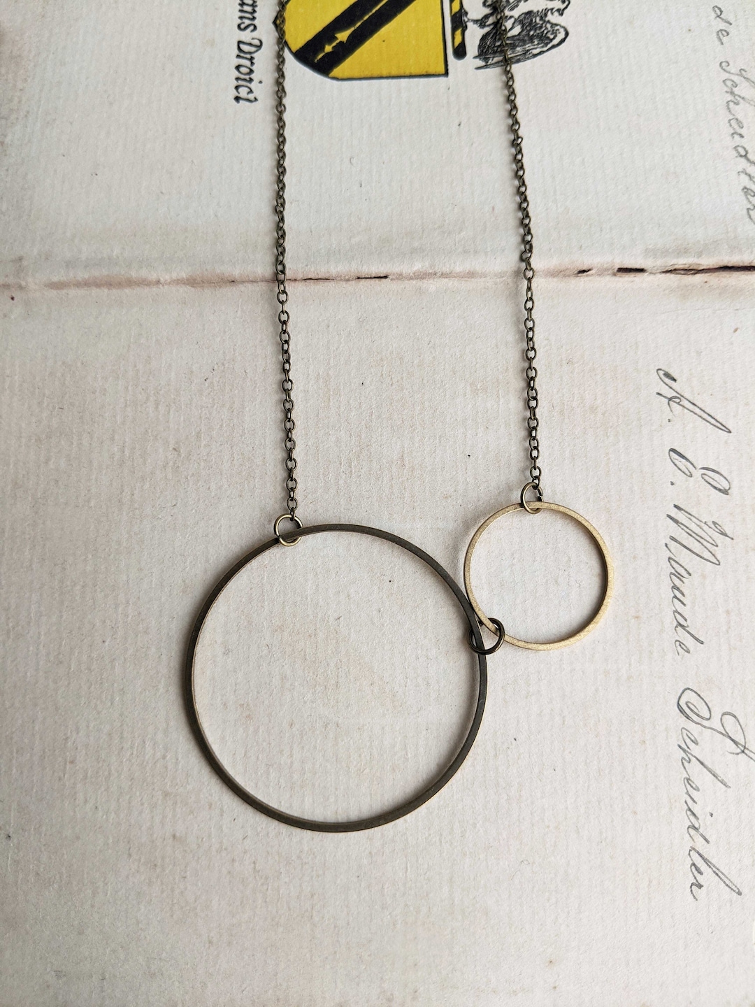 Golden Brass Circle Necklace: Orbit Pendant, Two Circles, One Large One ...