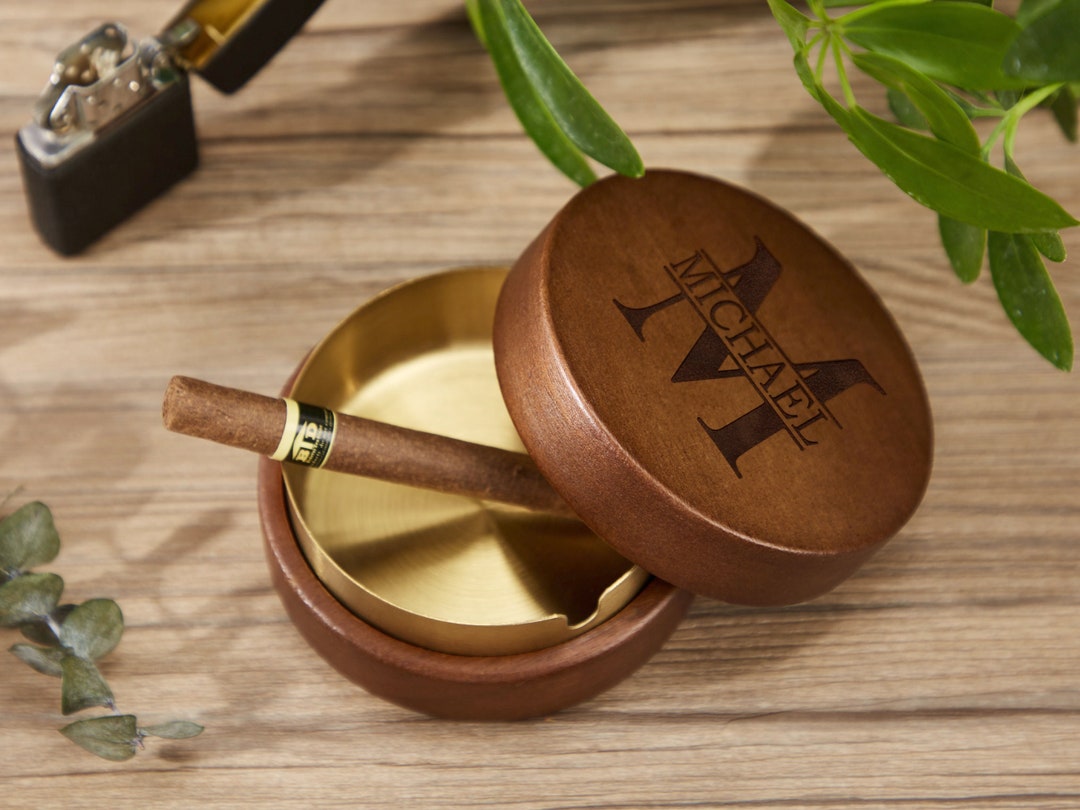 Monogram Personalized Ashtray, Wooden Engraved Round Cigarettes Ashtray ...