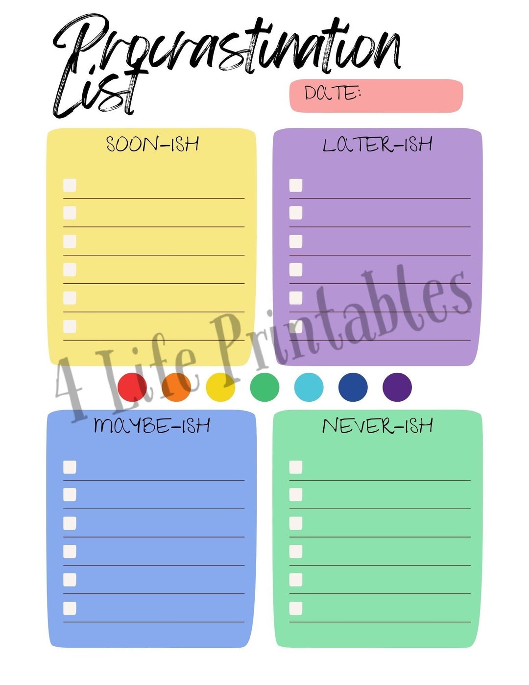 Printable Procrastination List, Procrastination List Tracker, Rainbow ...