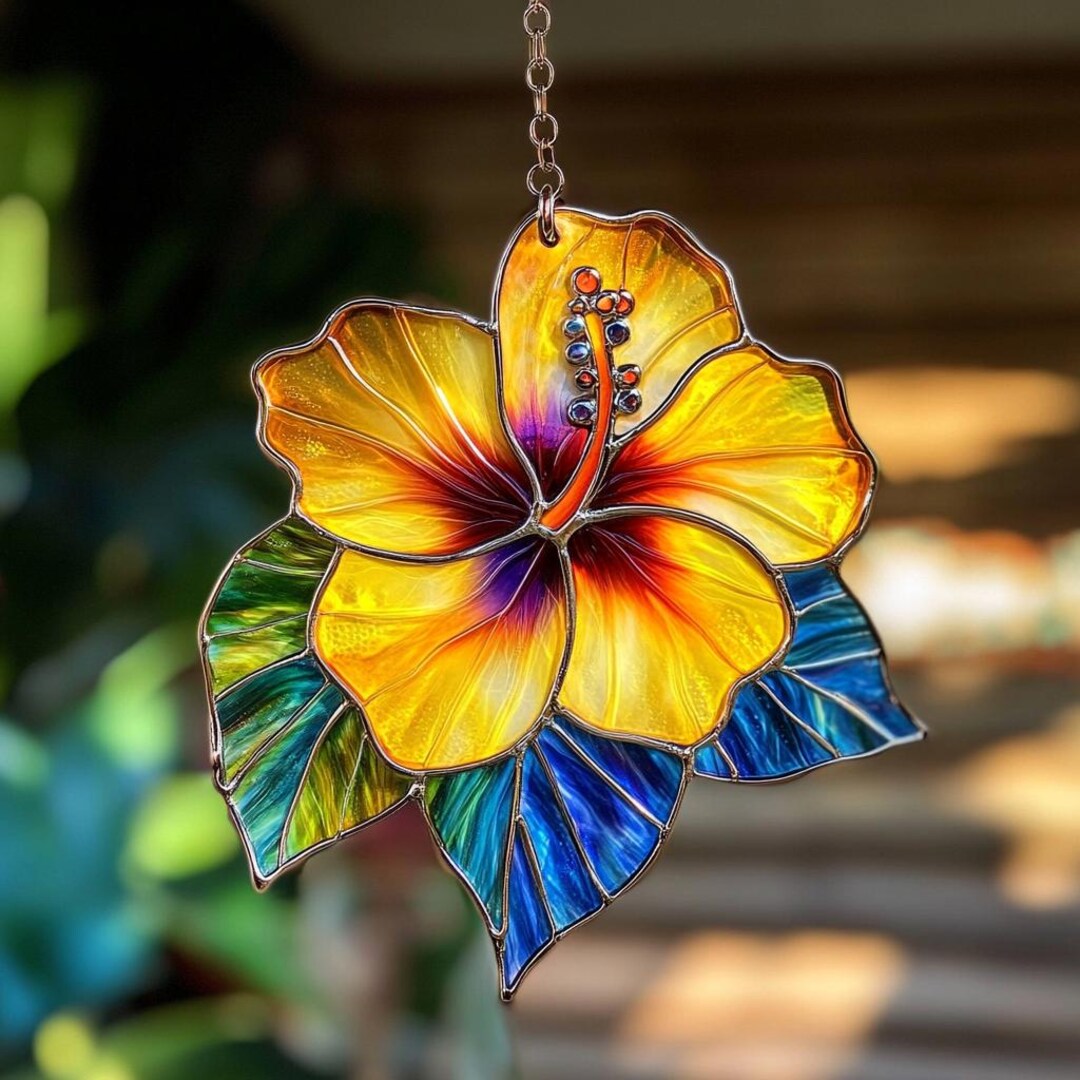 Hibiscus Flower Acrylic Suncatcher – Bright Tropical Faux Stained Glass ...