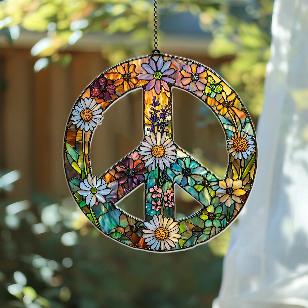 Peace Sign Stained Glass Suncatcher With Wildflowers, Boho Window ...