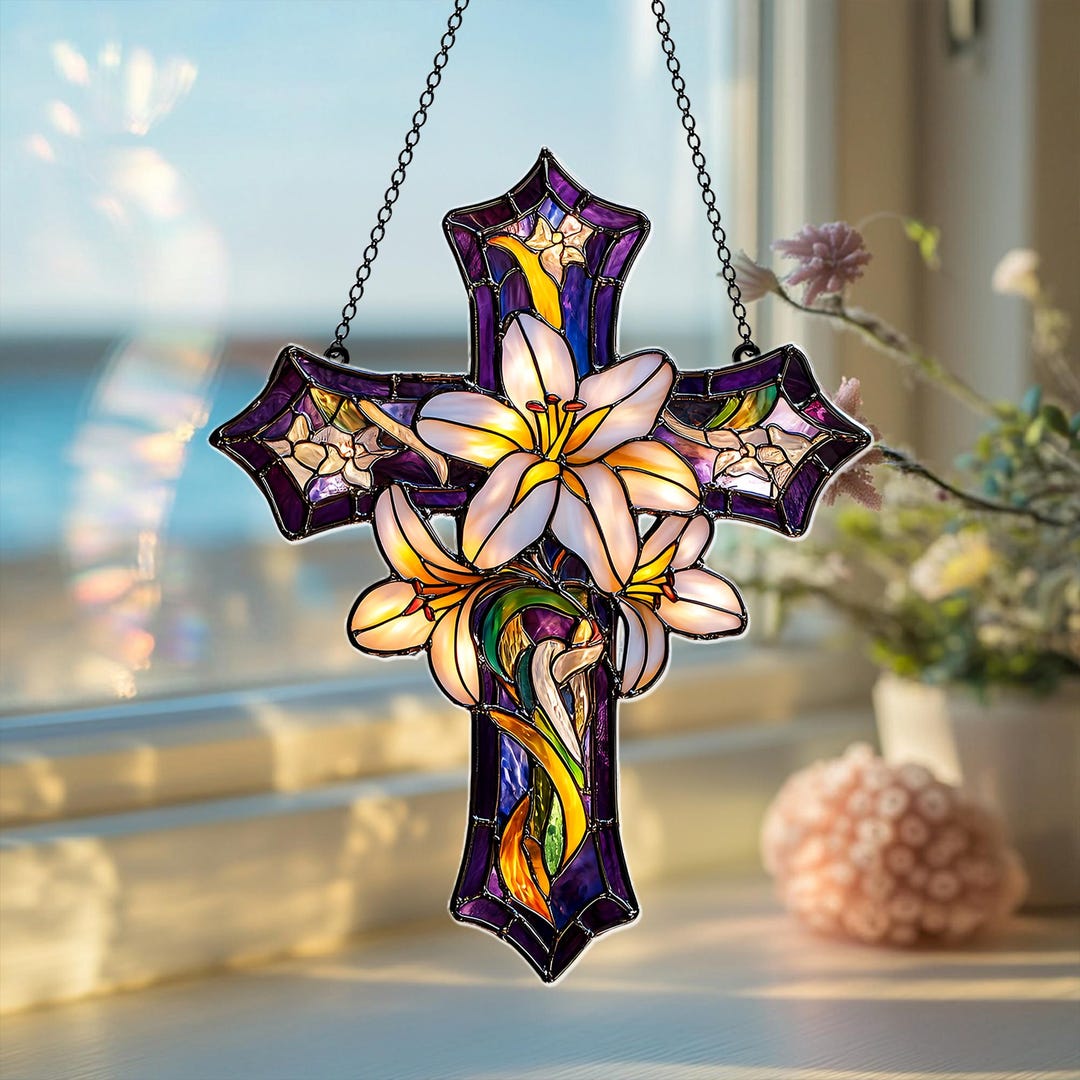Easter Cross Stained Glass Suncatcher Christian Acrylic Window Hanging ...